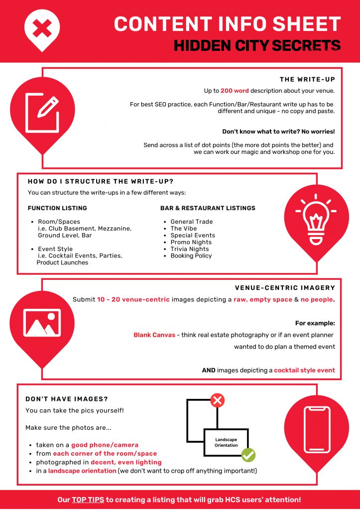 Venue Content Cheat Sheet | Hidden City Secrets